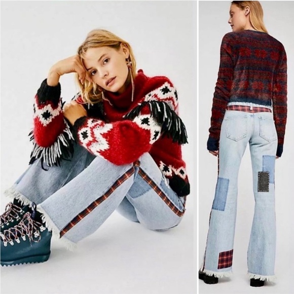 Free People | Jeans | New Free People Mix Plaid Patchwork Slim Flare Jeans | Poshmark